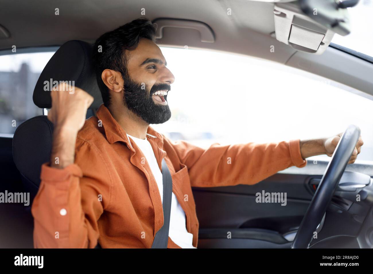 Emotional Arabic Driver Man Gesturing Yes Driving Auto, Side View Stock ...