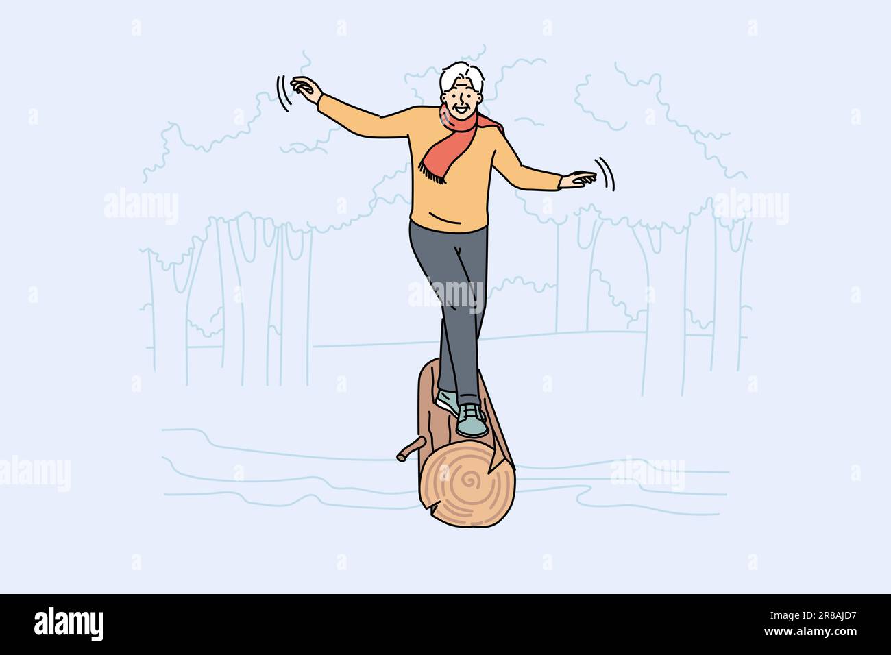 Smiling elderly man walking on wood log on river bank. Happy active old ...