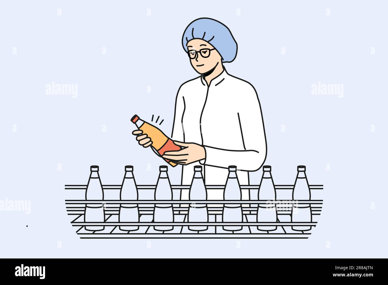 Female worker in uniform and headwear checking bottles on production ...