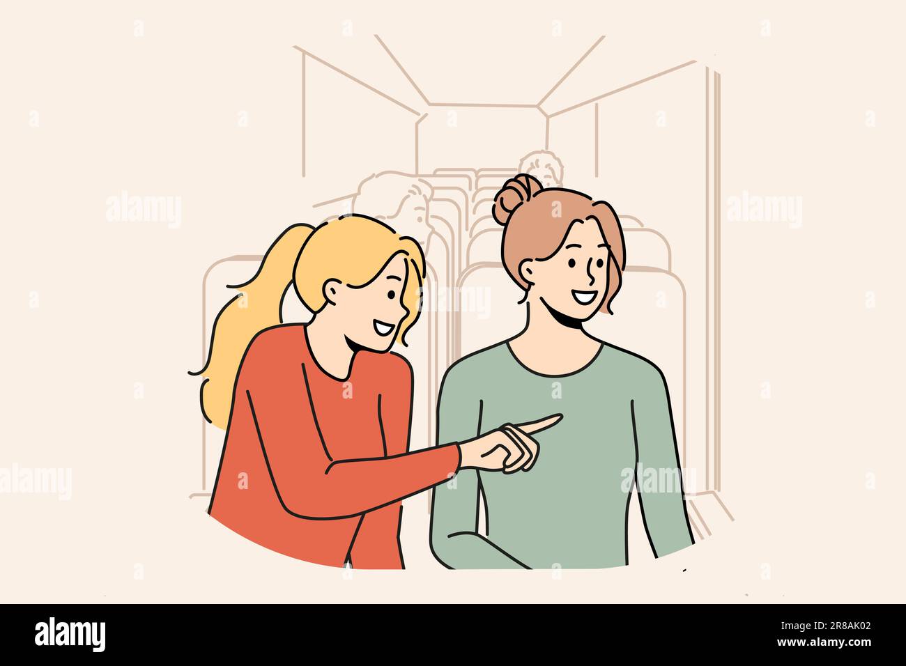 Smiling girls have fun riding in bus. Happy women enjoy bus ride ...