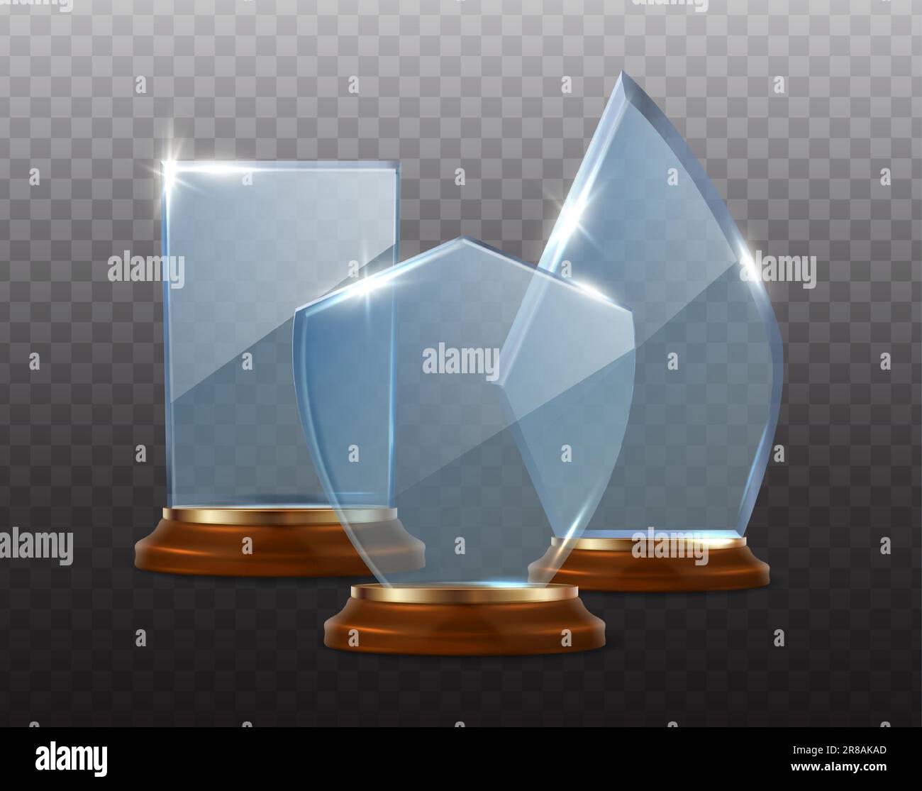 3d realistic vector icon set. Crystal glass winner trophy with wooden ...