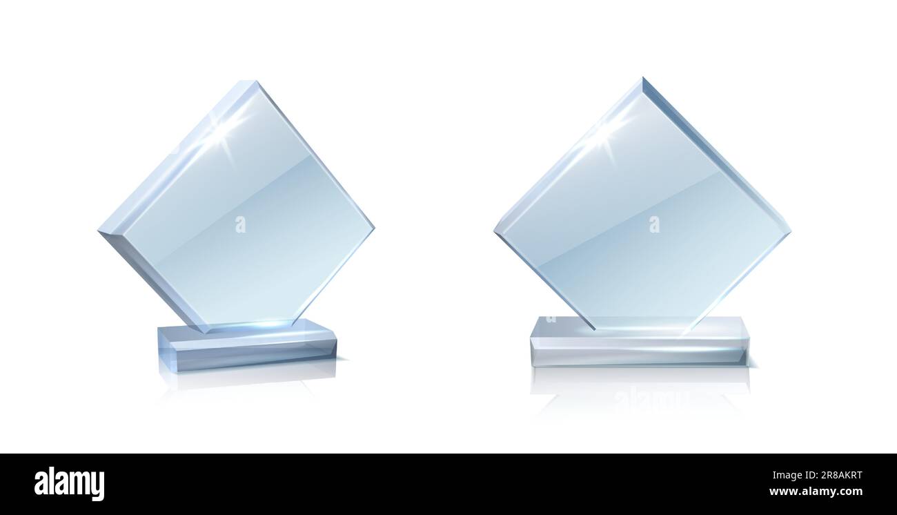 3d realistic vector icon set. Square glass winner trophy front view. On ...