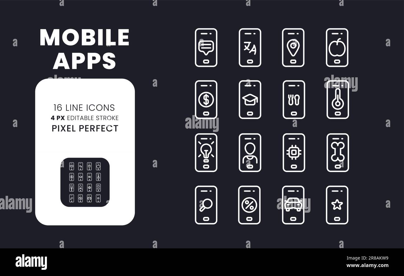 Mobile apps white linear desktop icons on black Stock Vector Image ...