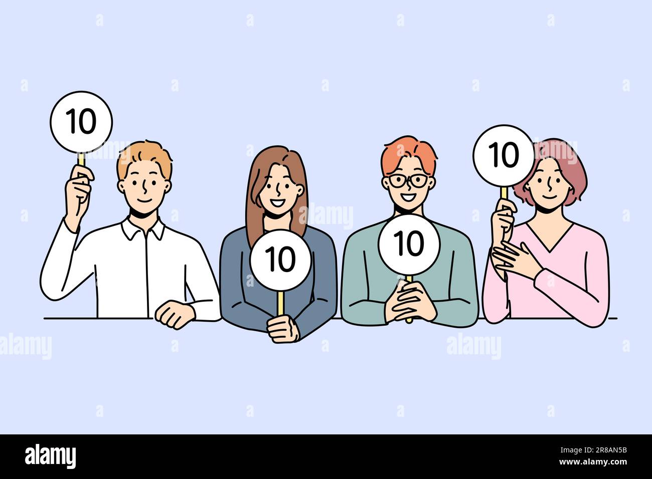 Diverse people sit at desk giving points to contestants. Smiling judges ...
