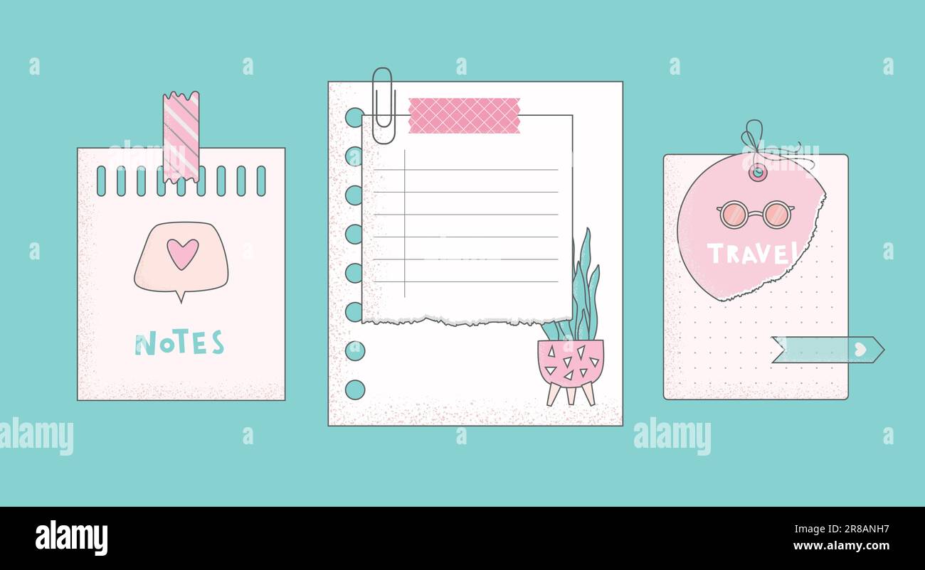 Cartoon flat vector illustration with colorful paper notes, tapes ...