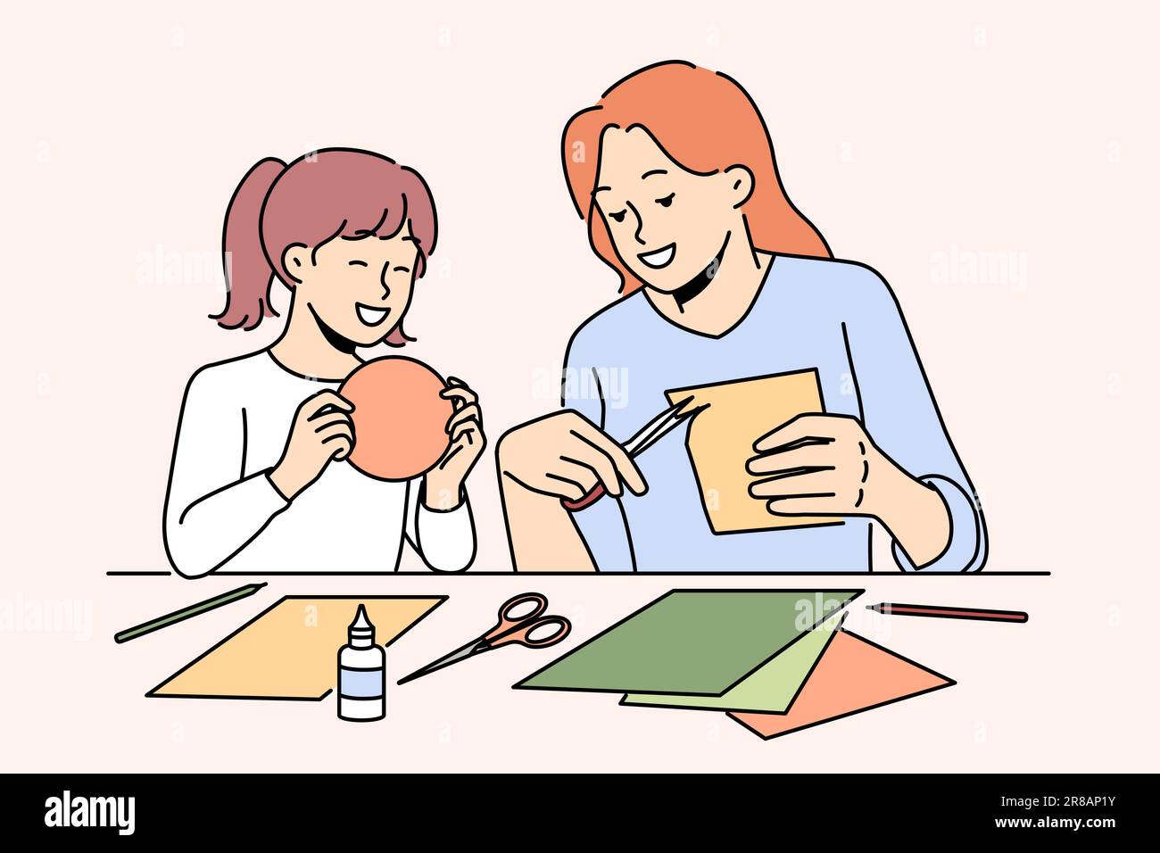 Smiling mother and daughter enjoy arts and crafts doing at home. Happy ...