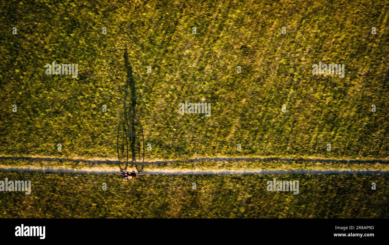 Aerial image of a biker on a mountain bike amid fields outdoors Stock ...