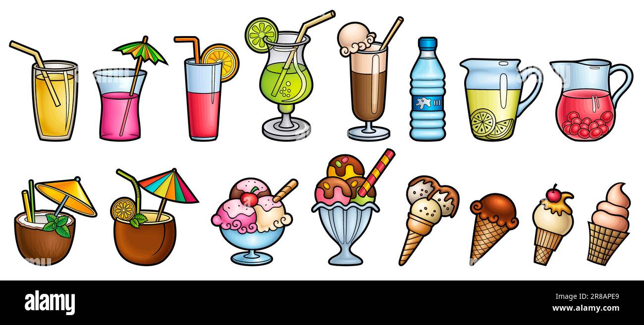 Cartoon set of doodle beverages, ice cream, fruits. Summer beach food ...