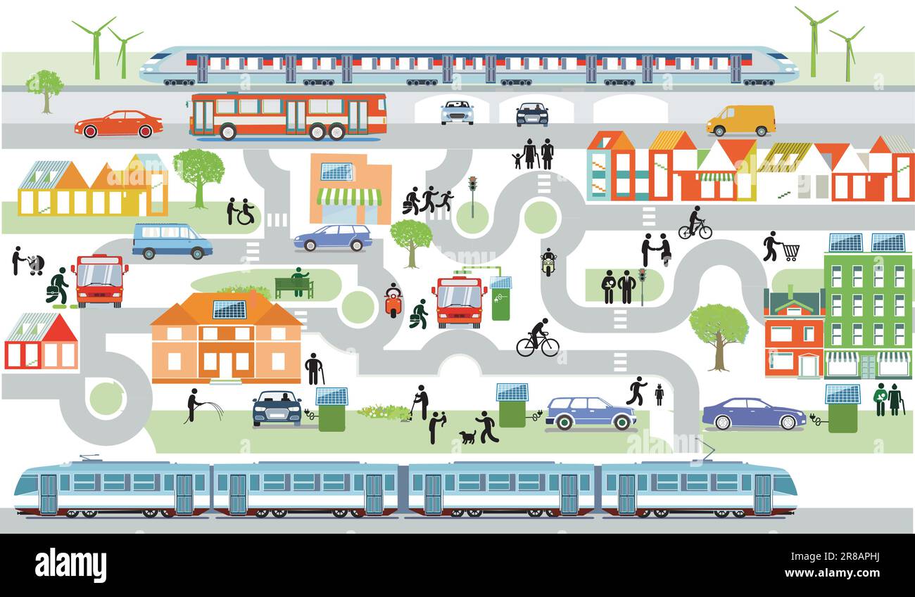 City overview with traffic and houses, information illustration Stock ...