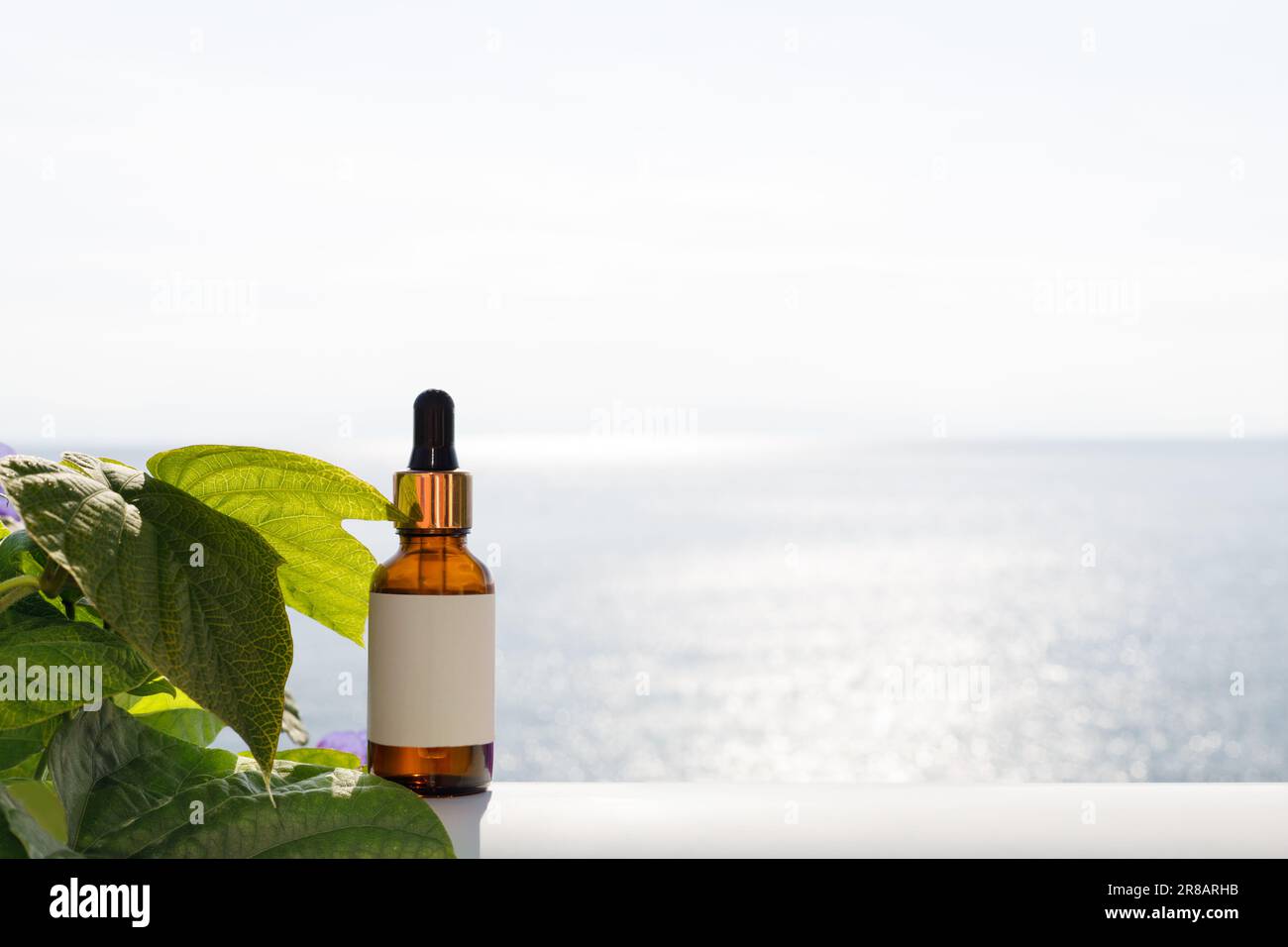 Dropper for cosmetic product with beautiful sea background, blank space ...