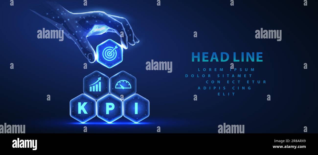 AI manages KPI. Key performance indicator icons on hexagons made a ...