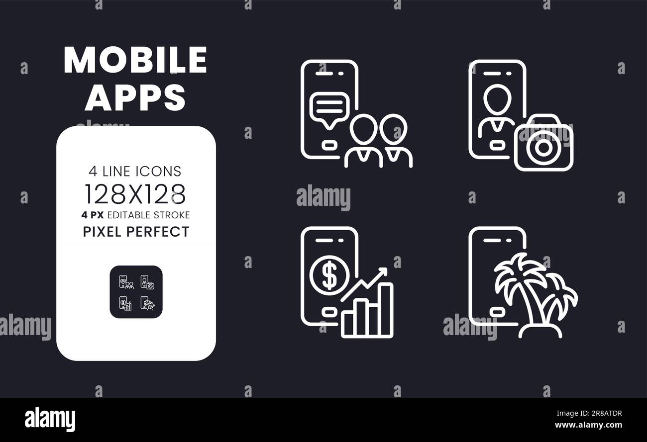 Mobile apps white linear desktop icons on black Stock Vector Image ...