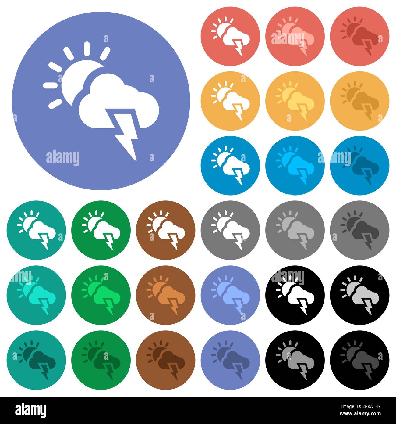 Sunny and stormy weather multi colored flat icons on round backgrounds ...
