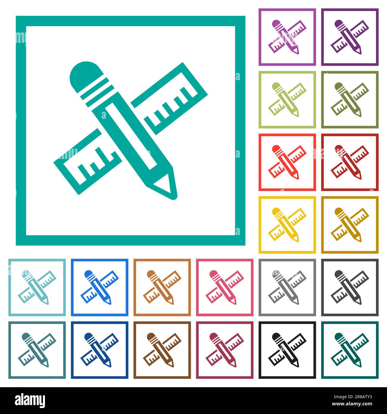 Pencil and ruler flat color icons with quadrant frames on white ...