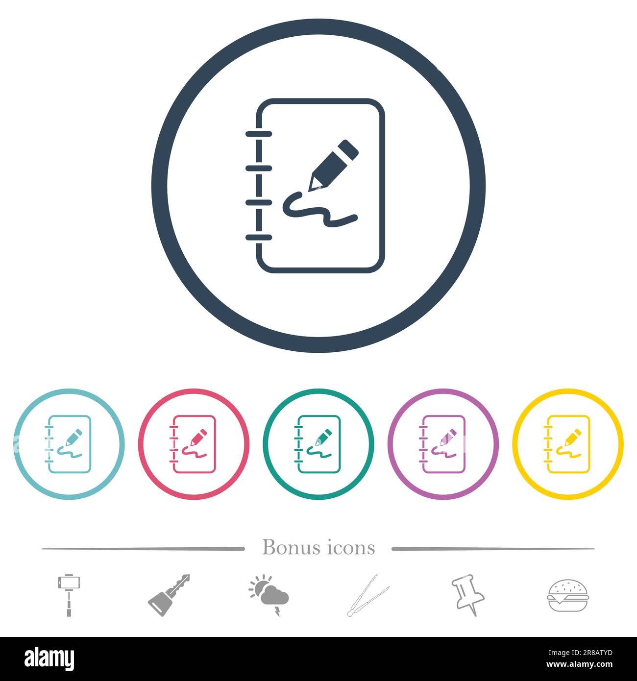 Spiral notepad with drawing outline flat color icons in round outlines ...