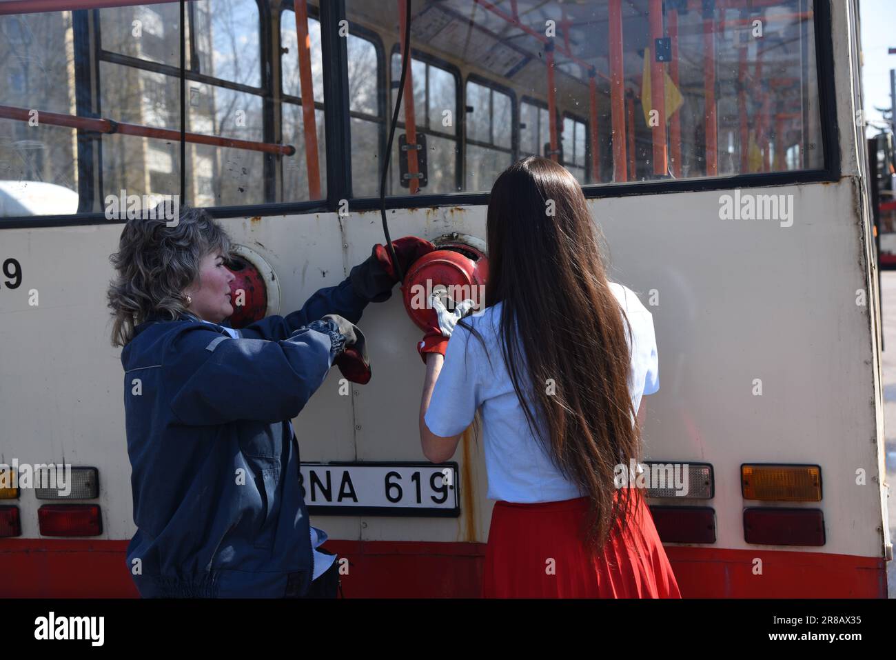 Skoda 14Tr trolleybus driver Stock Photo - Alamy
