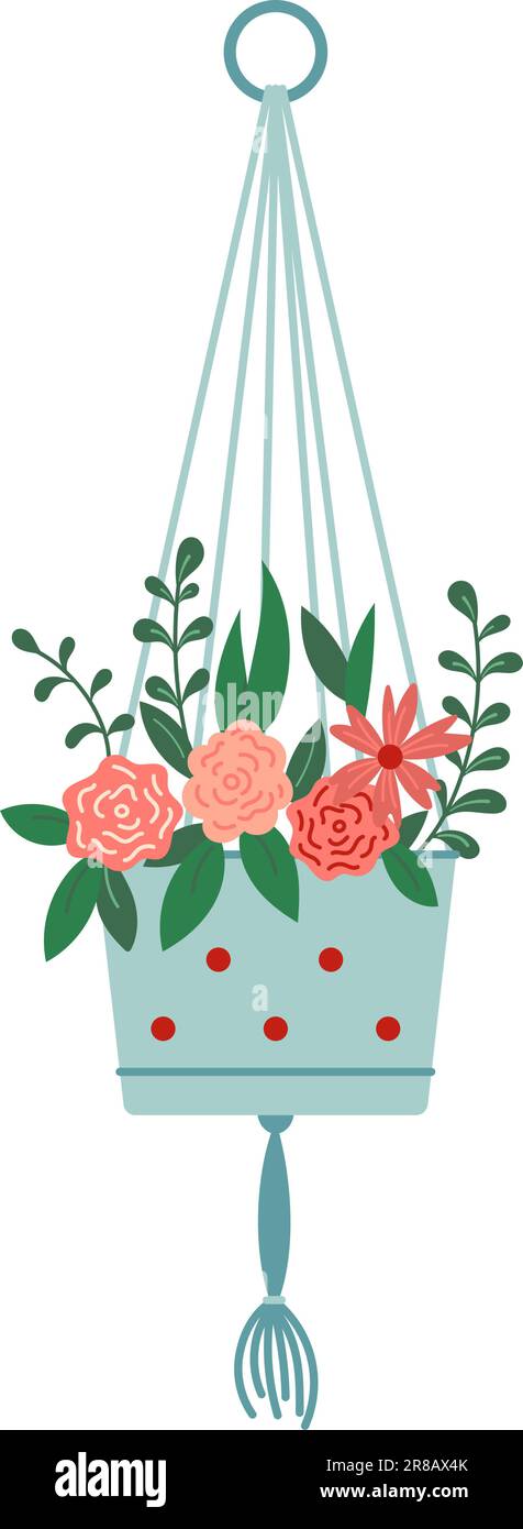 Cache Pot with blooming flowers vector illustration. Green leaves and ...