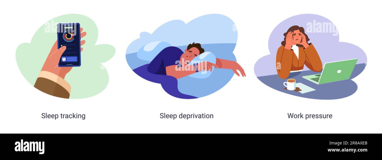 Vector set of sleep tracking and deprivation, work pressure. Flat man ...
