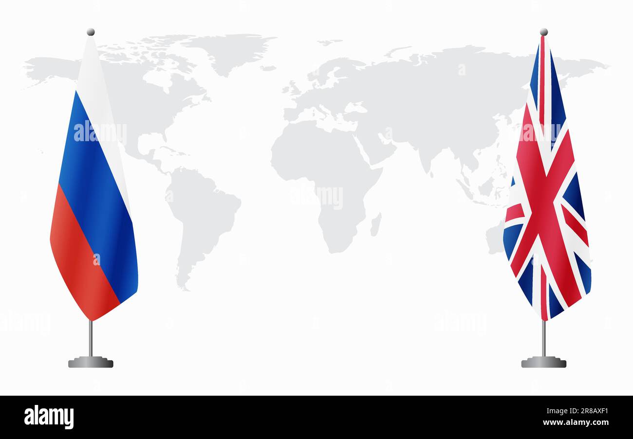 Russia and United Kingdom flags for official meeting against background ...