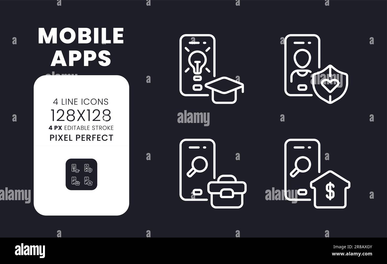 Mobile apps white linear desktop icons on black Stock Vector Image ...