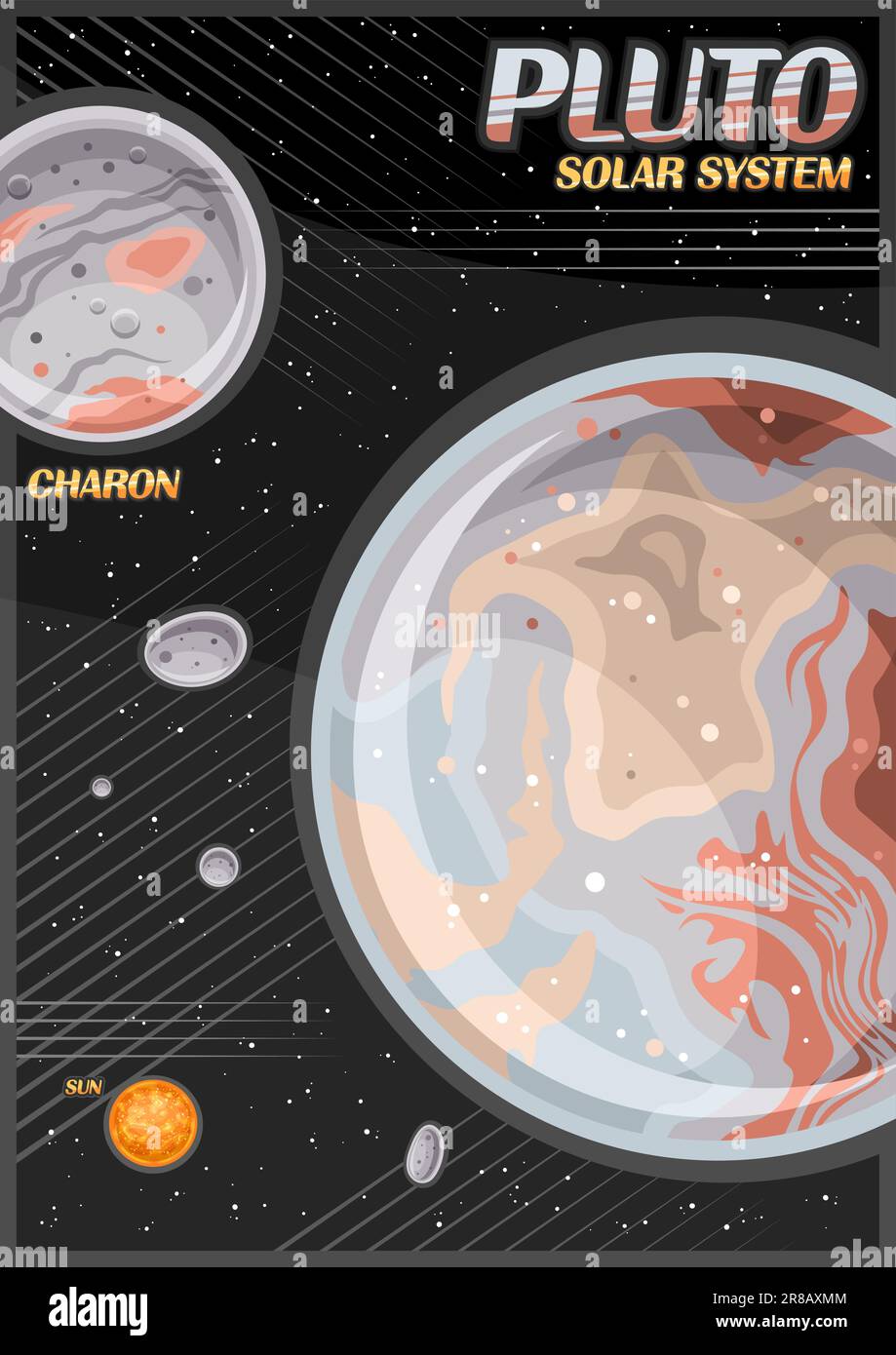 Vector Poster for Pluto, vertical banner with illustration of rotating satellite charon around ...