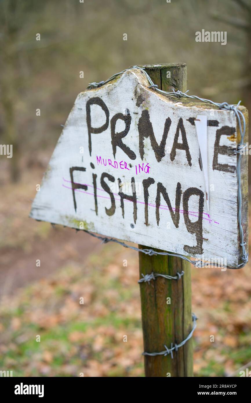 Hand-painted sign of notice to public of Private Fishing in UK rural ...