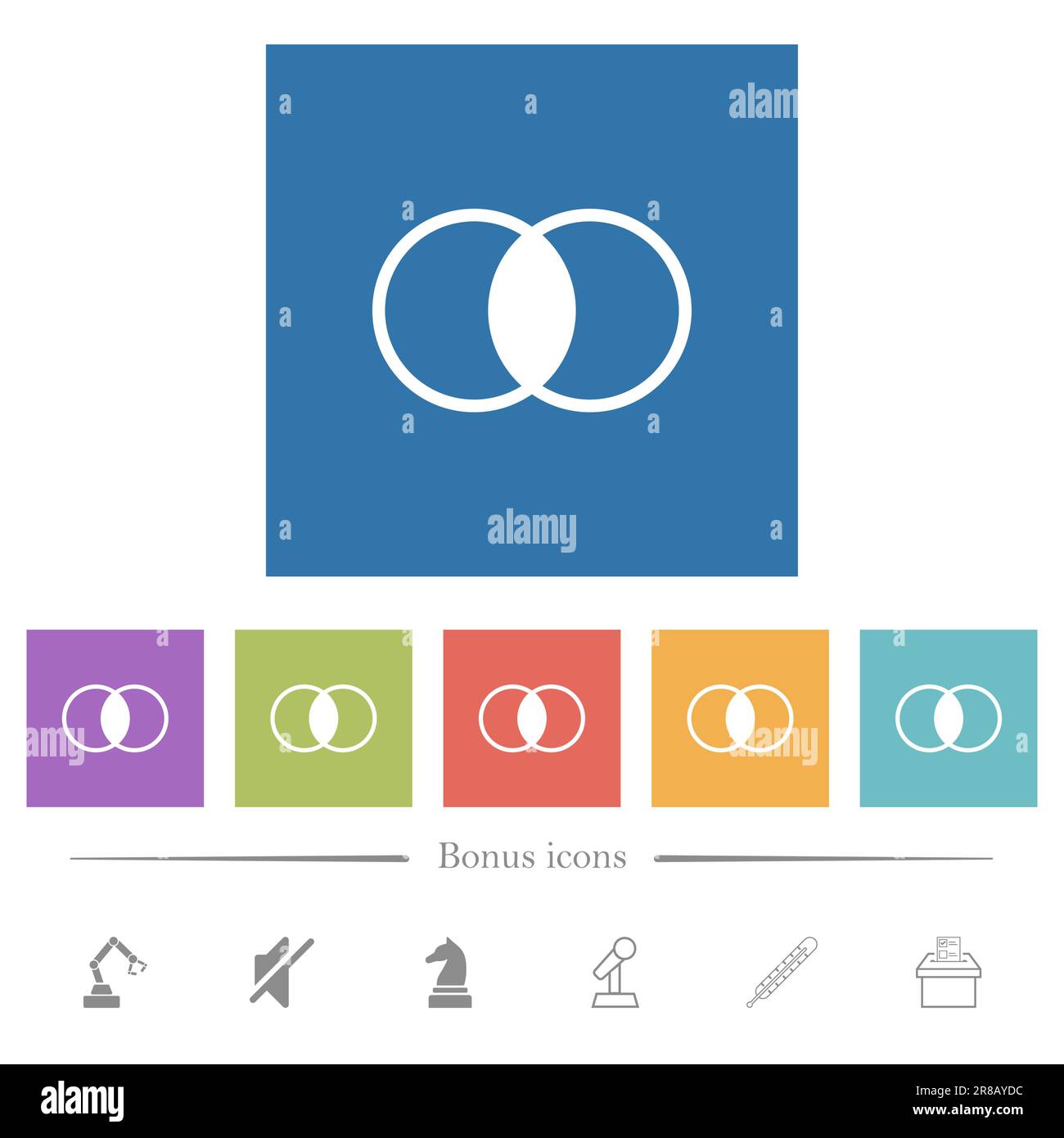 Overlapping elements flat white icons in square backgrounds. 6 bonus ...