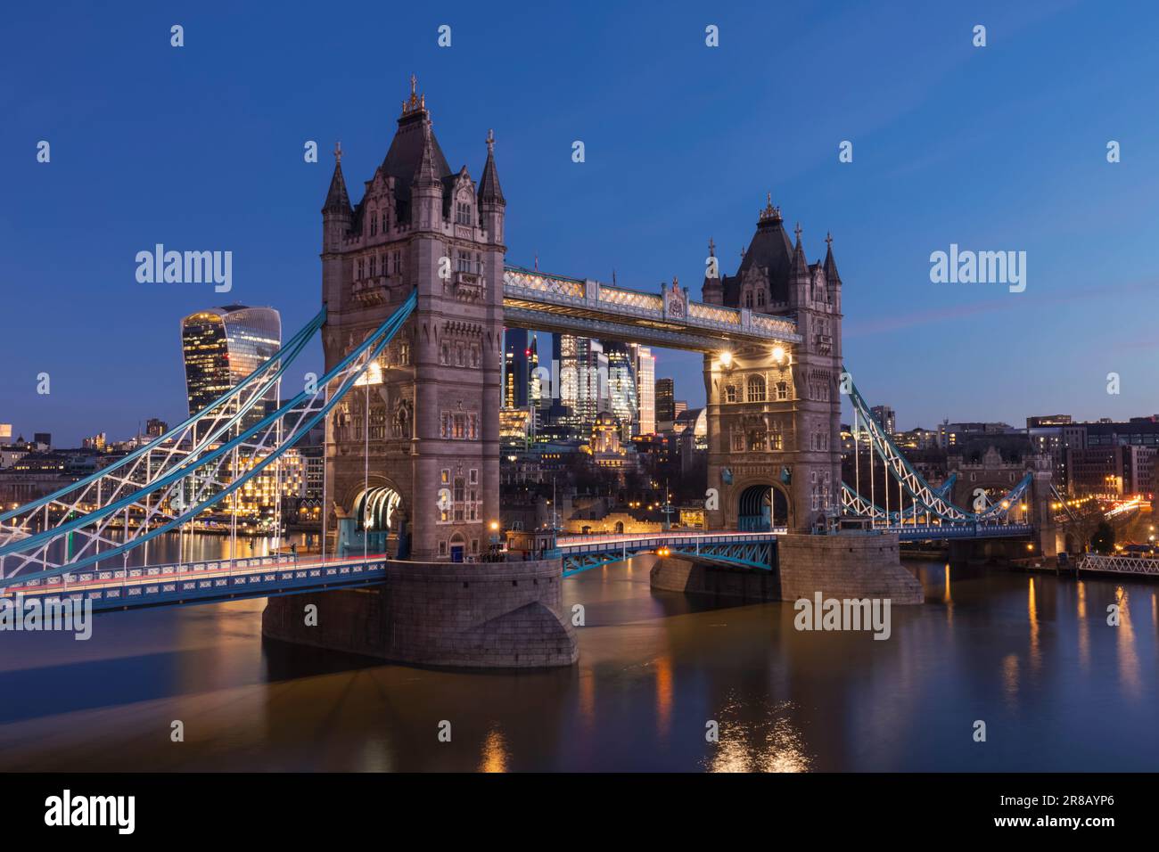 England, London, Tower Bridge and City of London Skyline at Dawn Stock ...