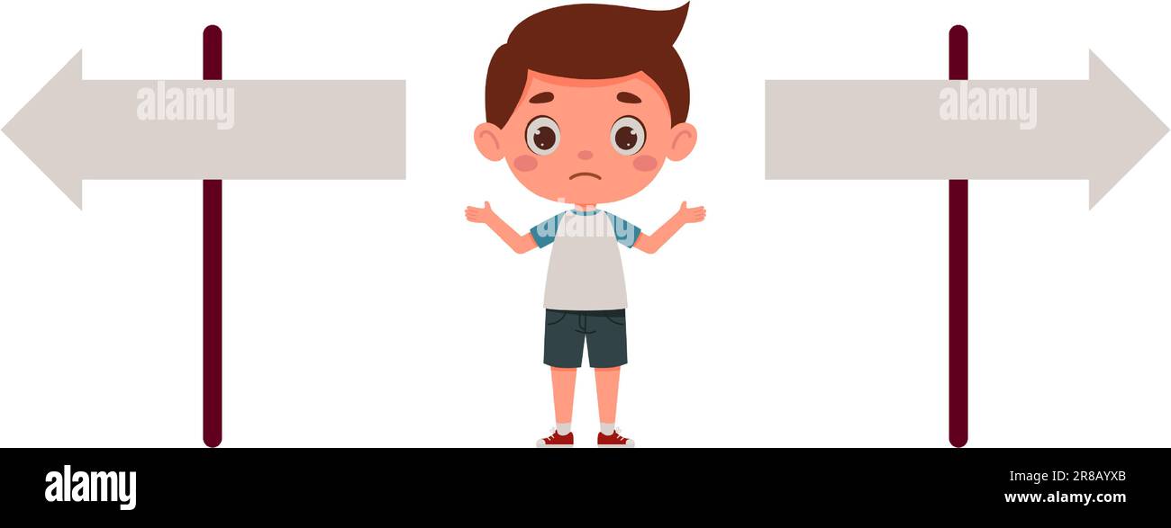 Cute little boy looking at road sign and decide the right way. Template ...