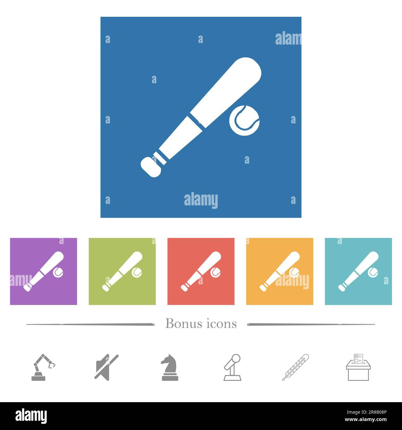 Baseball bat and ball flat white icons in square backgrounds. 6 bonus ...