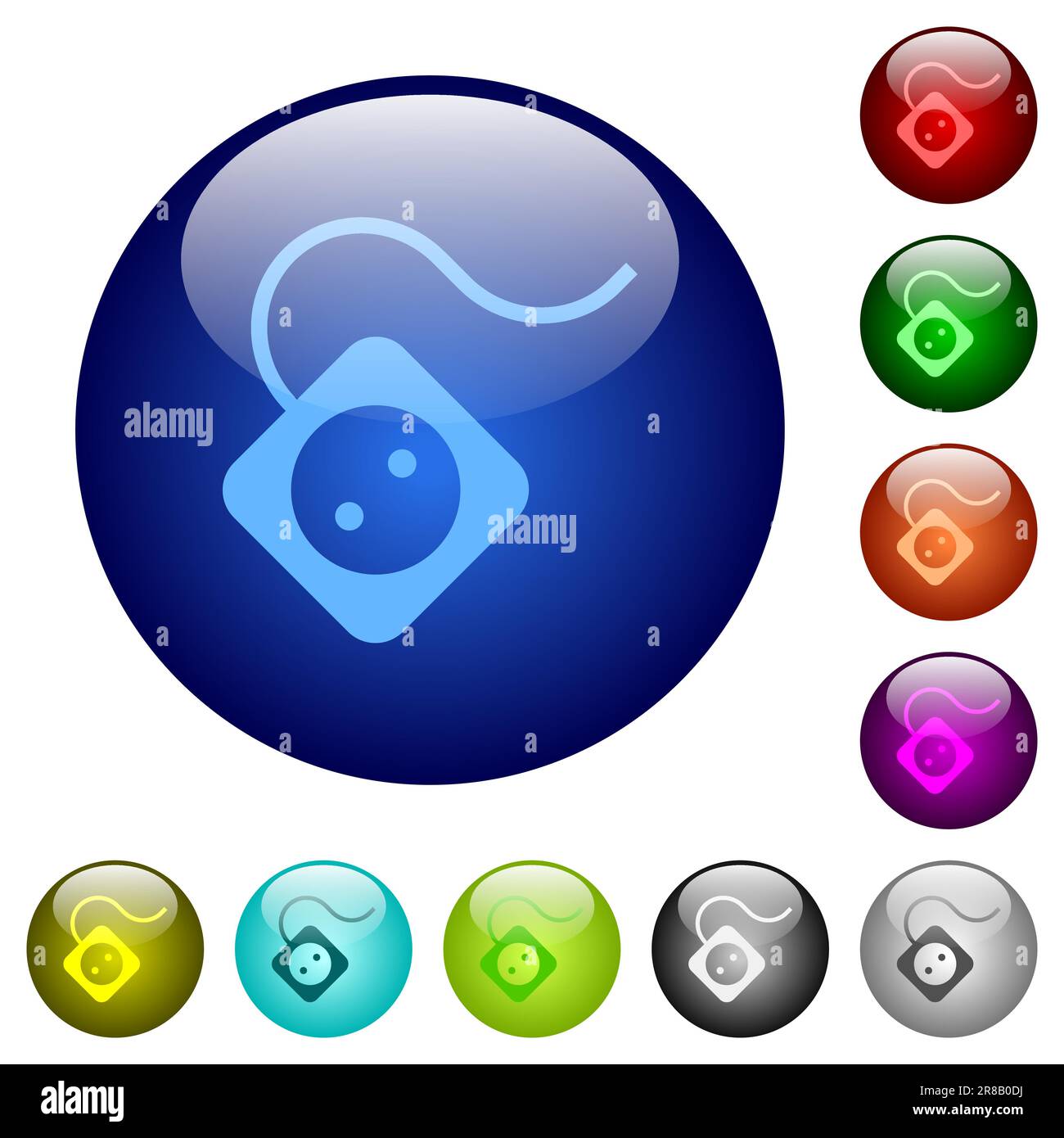 Portable electrical outlet with one socket and cord solid icons on round glass buttons in ...