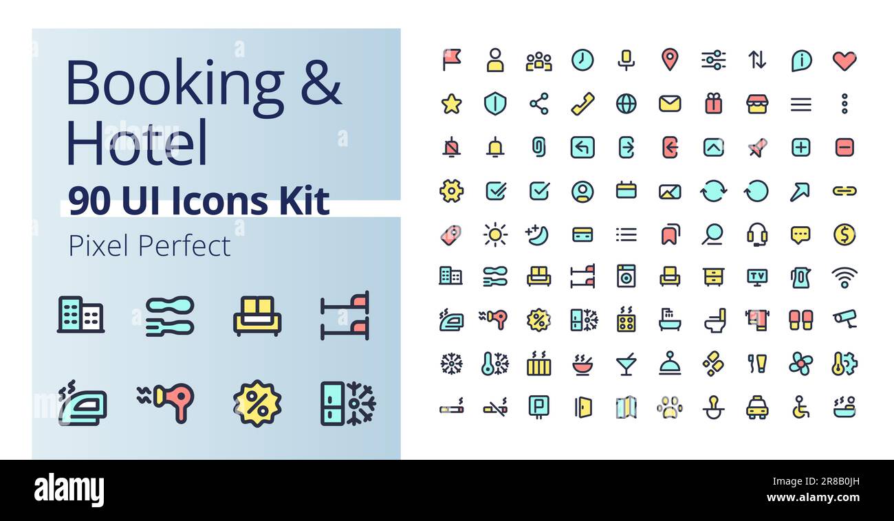 Booking and hotel pixel perfect RGB color ui icons kit Stock Vector ...