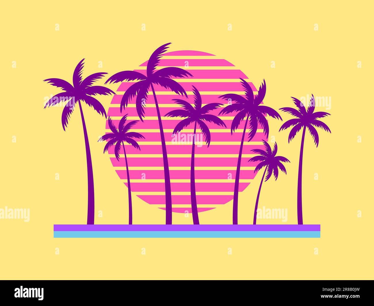 Palm trees against the backdrop of a retro sun in the style of the 80s ...