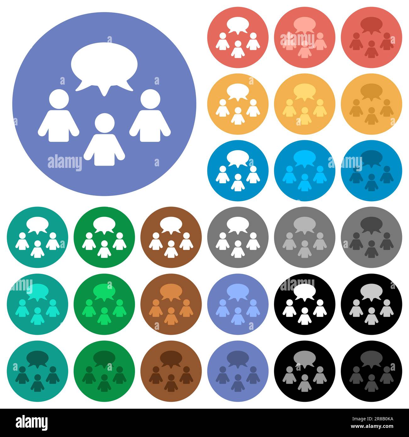 Three talking persons with oval bubble solid multi colored flat icons ...