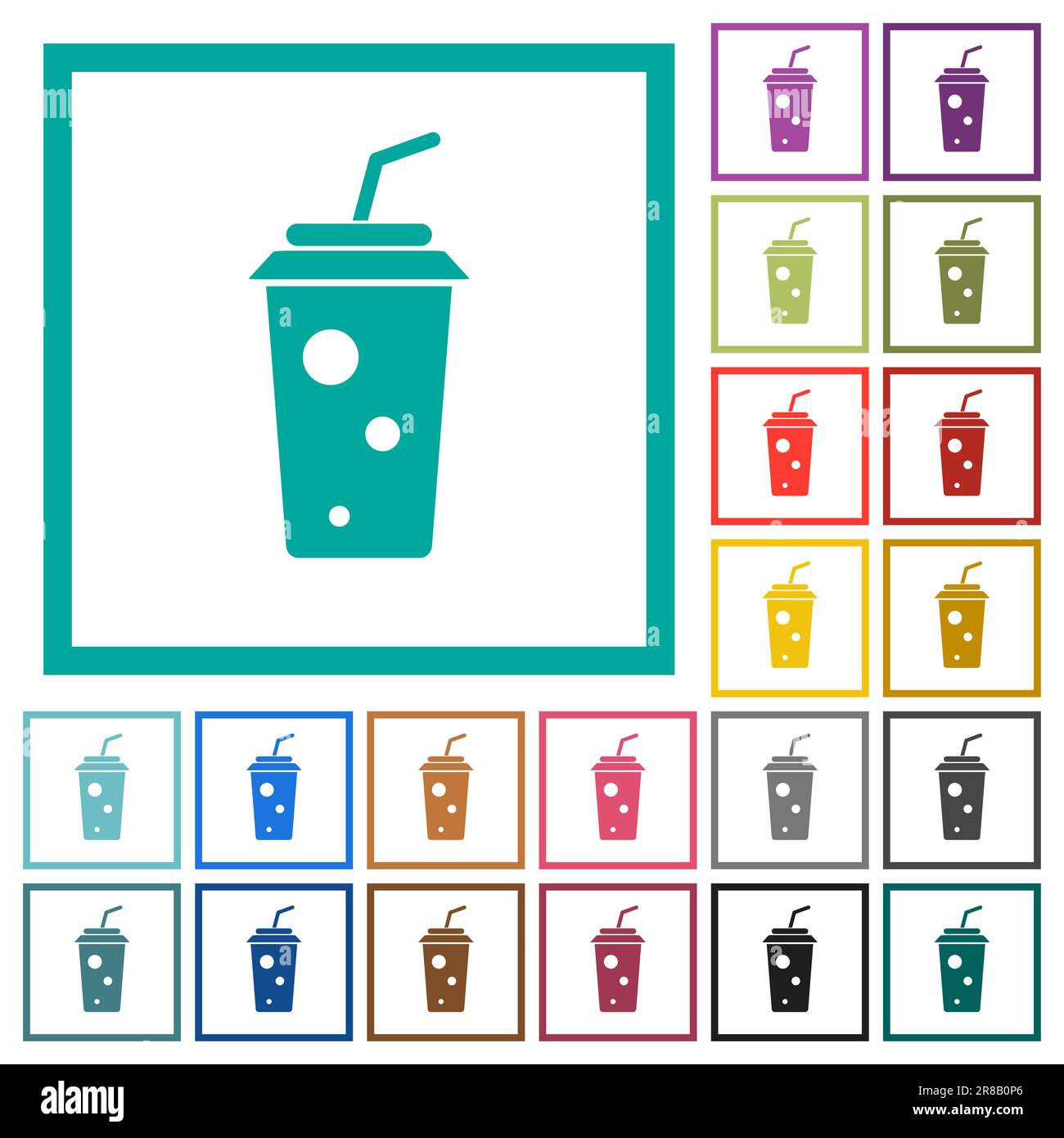 soft drink with straw solid flat color icons with quadrant frames on ...