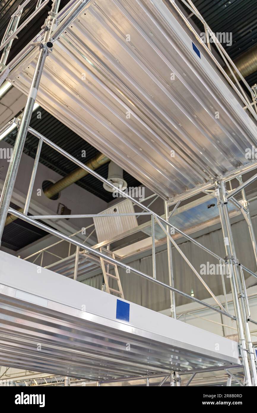 Tall Aluminium Scaffolding Structure Work Platform in Hall Stock Photo ...