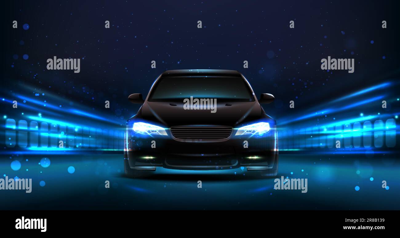 3d realistic vector background. Racing car in the night with street ...