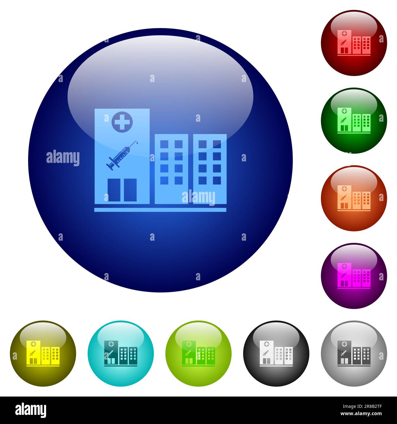 Vaccination station icons on round glass buttons in multiple colors ...