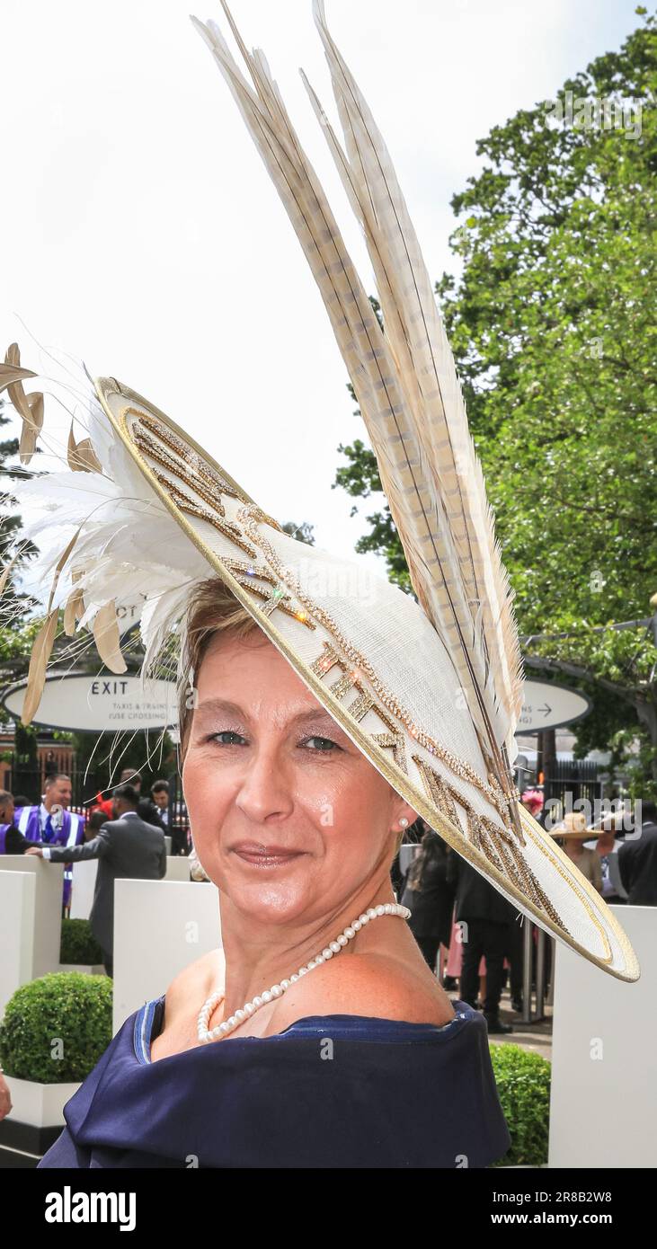 London, UK. 20th June, 2023. Ann-Marie Talbott, a milliner from Hats2Go ... London, UK. 20th June, 2023. Ann-Marie Talbott, a milliner from Hats2Go ...
