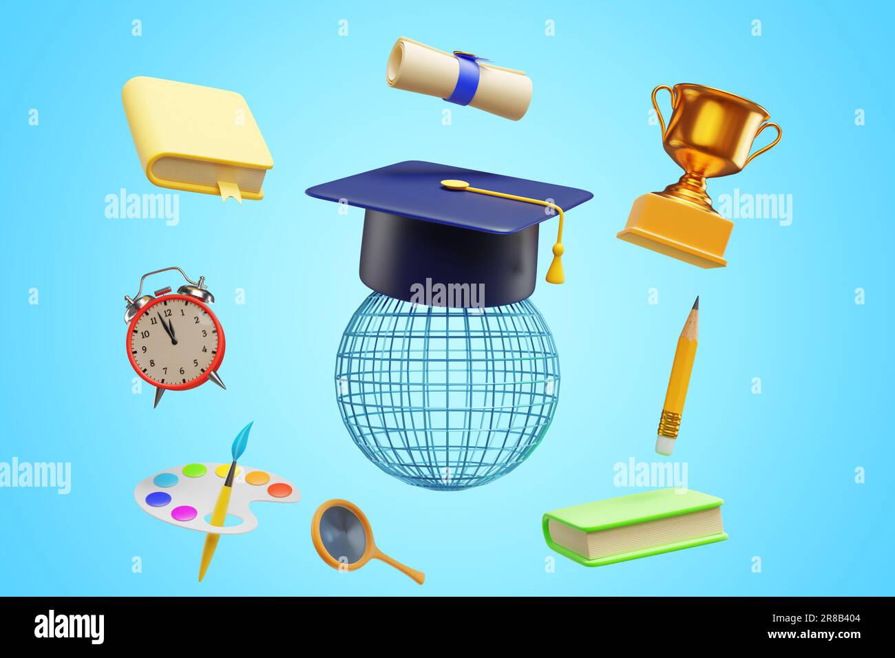 Earth sphere, globe frame in academic graduation cap surrounded by ...