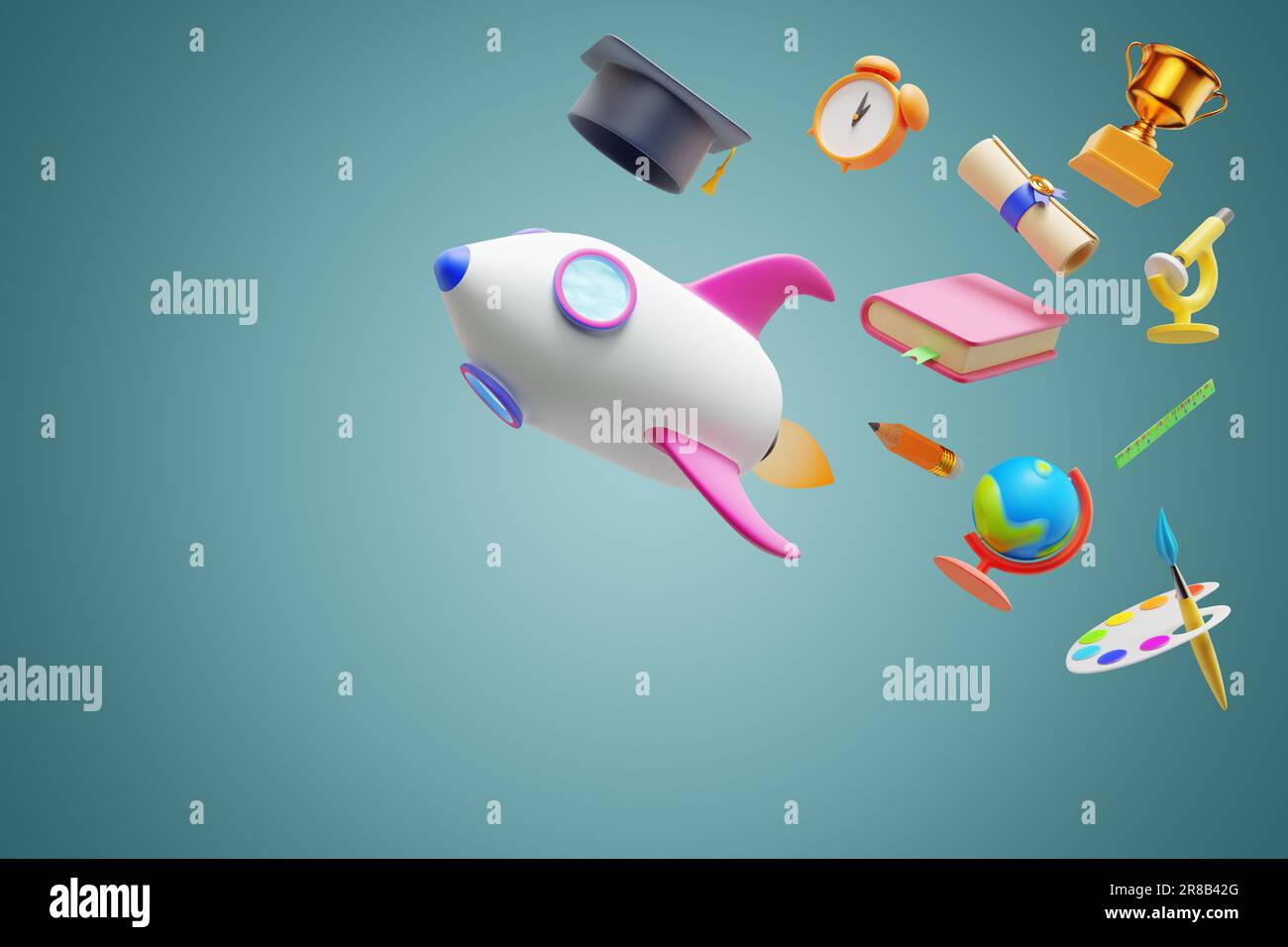 Back to school. Rocket launch, education icons collection. 3d rendering ...