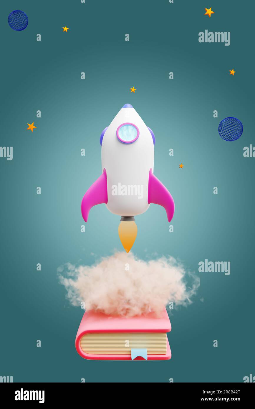 Back to school. Rocket launch from the book. 3d rendering Stock Photo ...