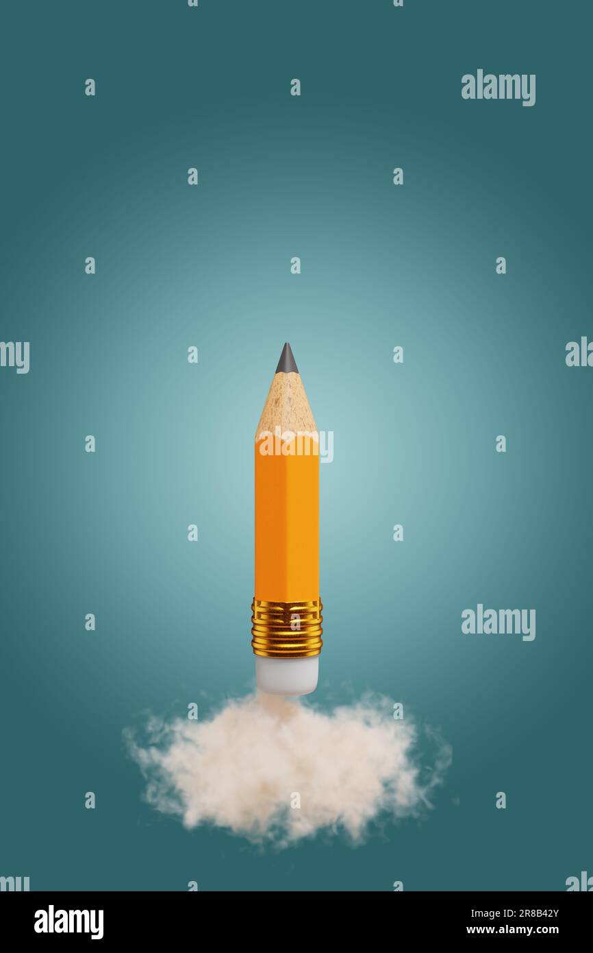 Back to school. Pencil launch with smoke like a rocket. 3d rendering ...