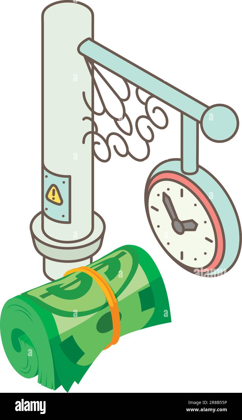 Travel expense icon isometric vector. Station clock and rolled dollar ...