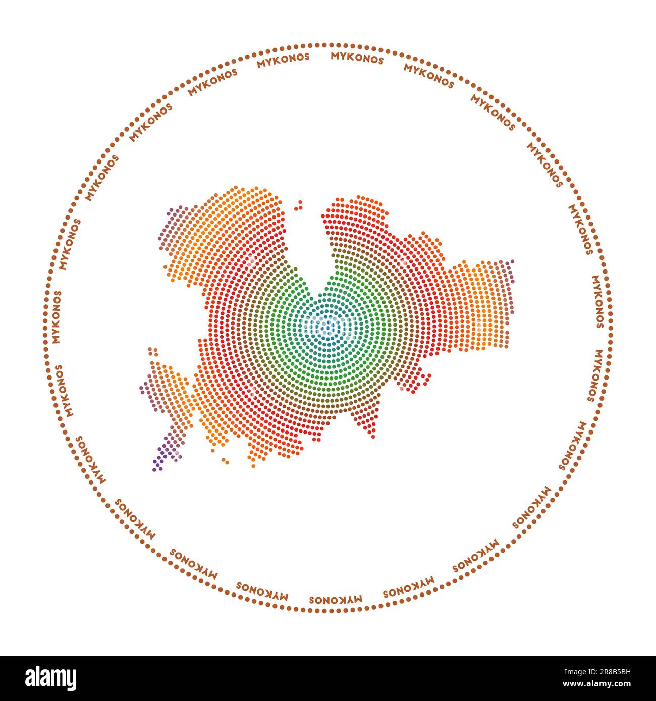 Mykonos round logo. Digital style shape of Mykonos in dotted circle ...