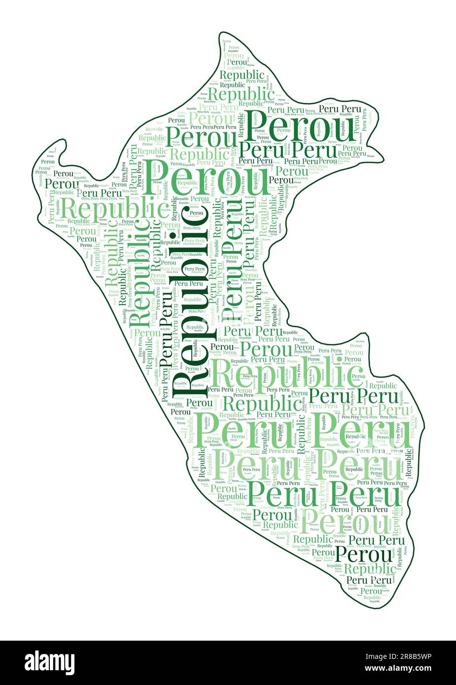 Peru shape filled with country name in many languages. Peru map in word ...