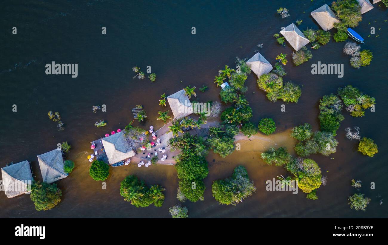 aerial top down of alter do Chao Isla do Amor Island of Love a narrow ...