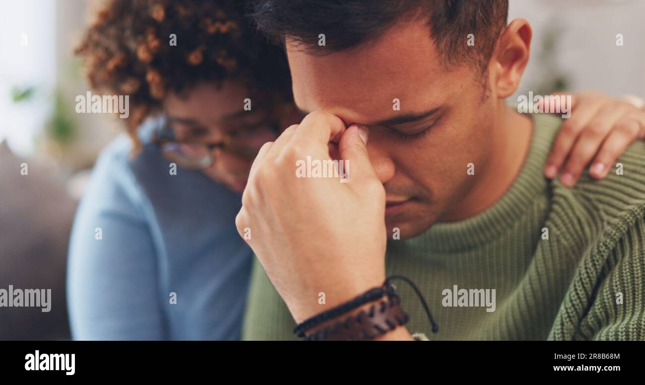 Couple is sad, woman comforting man with empathy, support and love ...