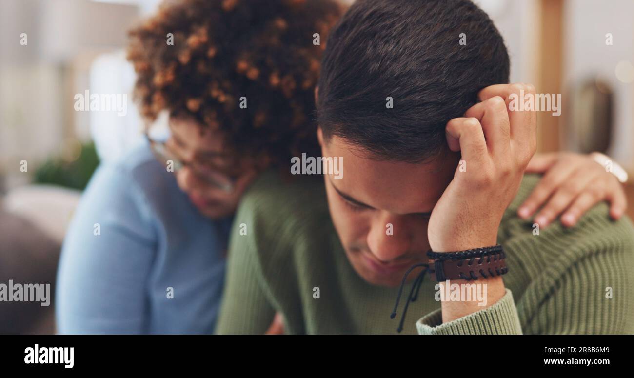 Support, empathy and care with sad couple at home, woman comforting ...