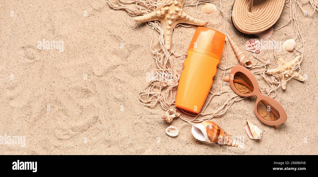 Beach accessories and sea shells on sand. Banner for design Stock Photo ...